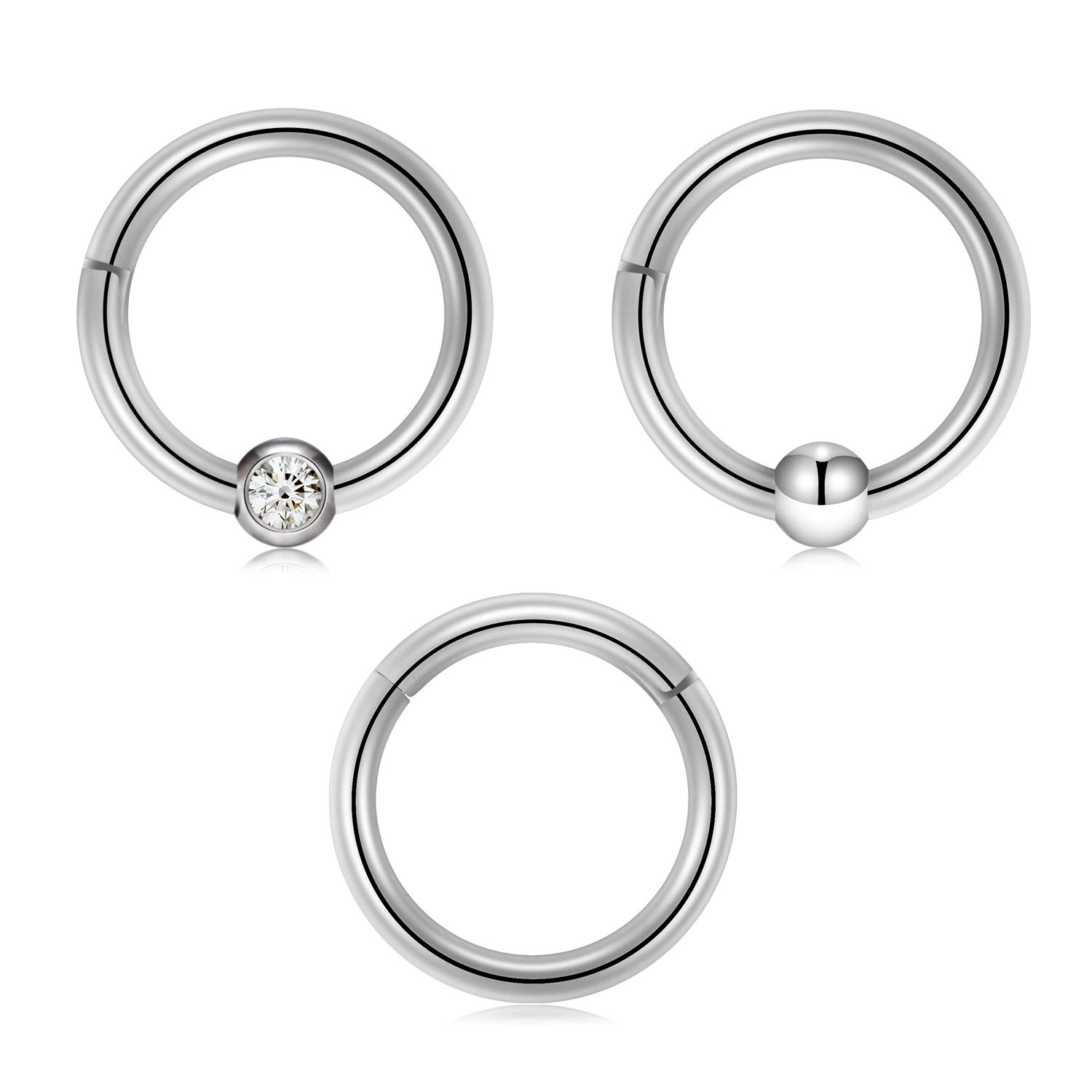 Kangyijia 16G 5/16" Segment Seamless Hinged Clicker Septum Nose Rings Clear CZ Piercing Captive Beads Clicker Piercing 3Pcs