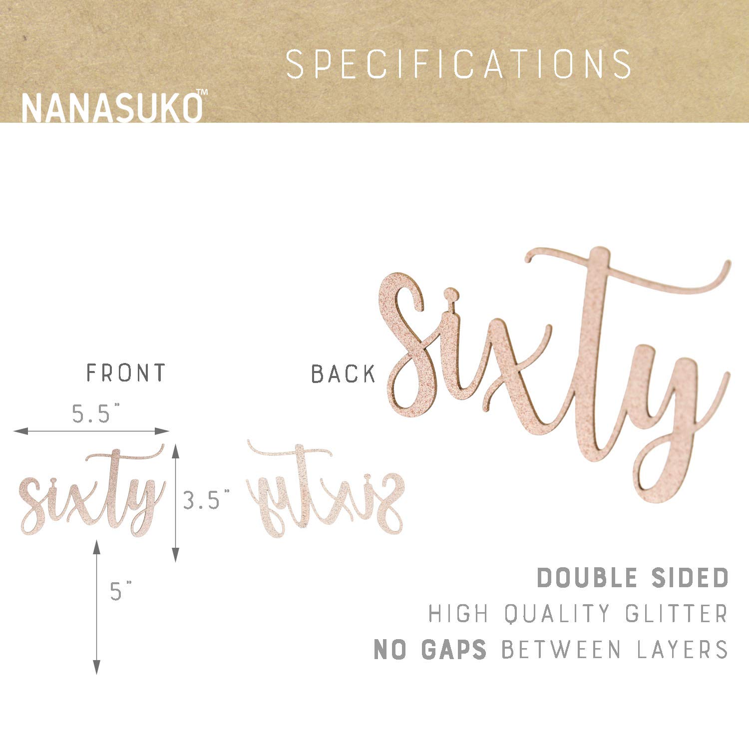 NANASUKO 60th Birthday Cake Topper - sixty - Double Sided Rose Gold glitter - Premium quality Made in USA