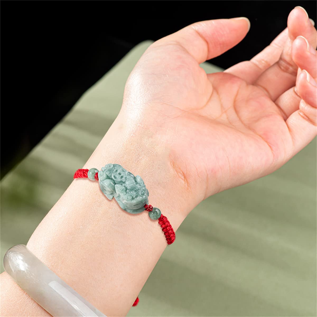 Qordelia Natural Grade A Jadeite Jade Pixiu Red String Bracelet, Bell