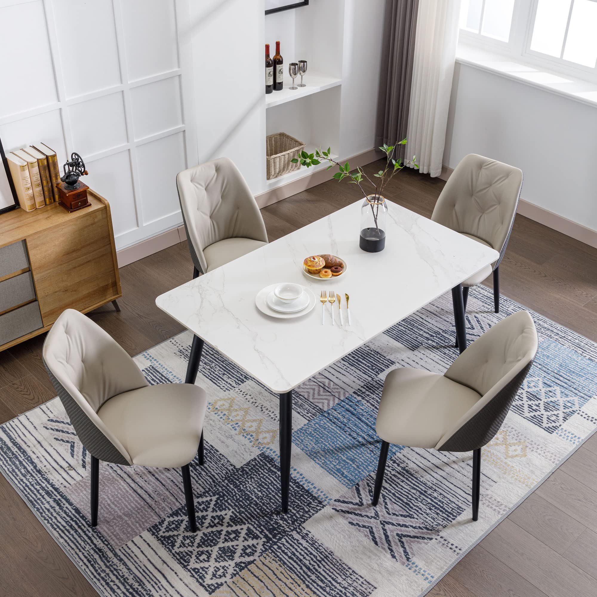 INMOZATA Dining Chairs Set of 4, Mid Century Modern Dining Room Chairs, Upholstered PU Leather Kitchen Chairs with Metal Legs,Beige