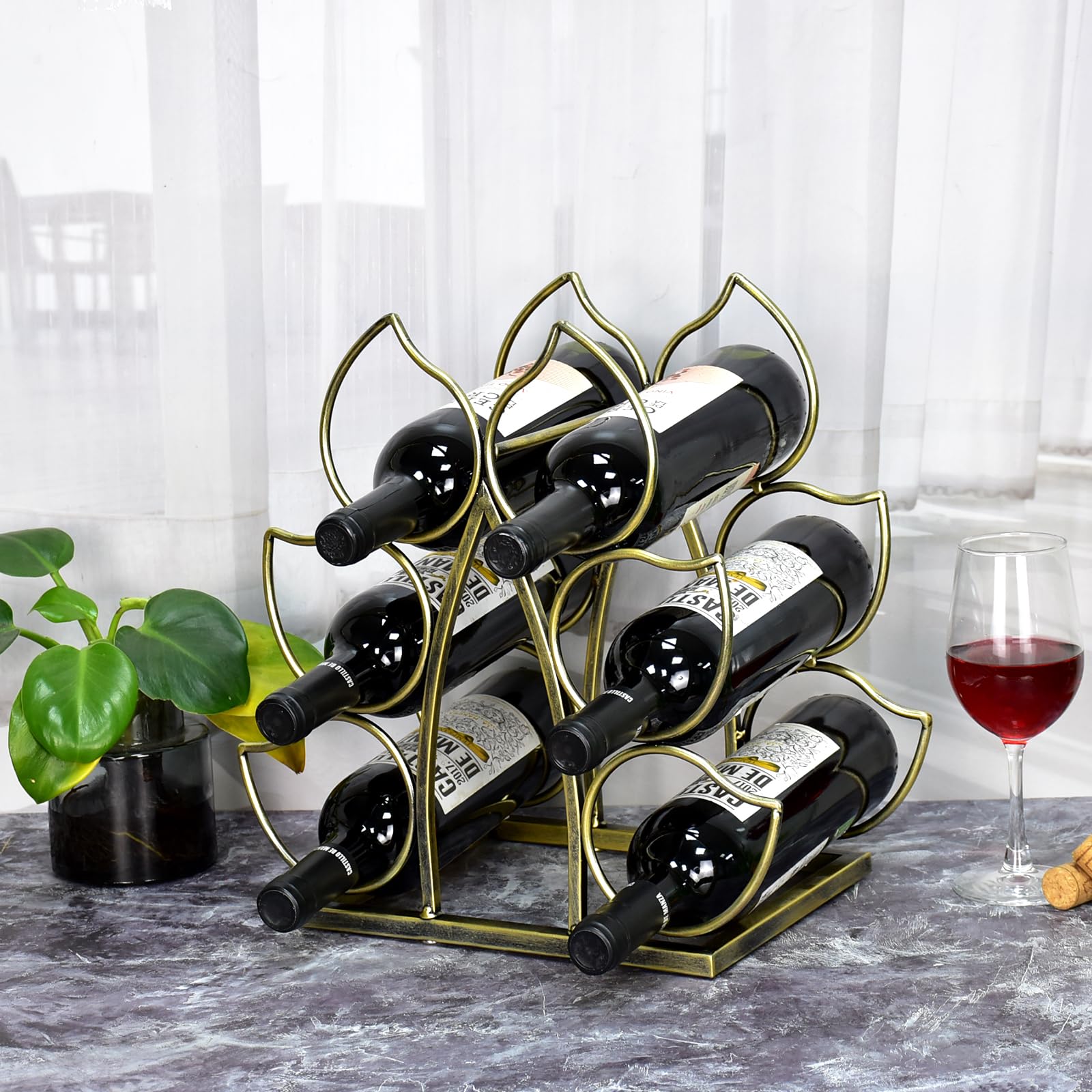 LushAccents Countertop Wine Rack - 7 Bottle Freestanding Modern Silver Metal Small Wine Rack - 3 Tier Tabletop Wine Holder Stand for Countertop, Pantry, Cabinet, Wine Bottle Storage