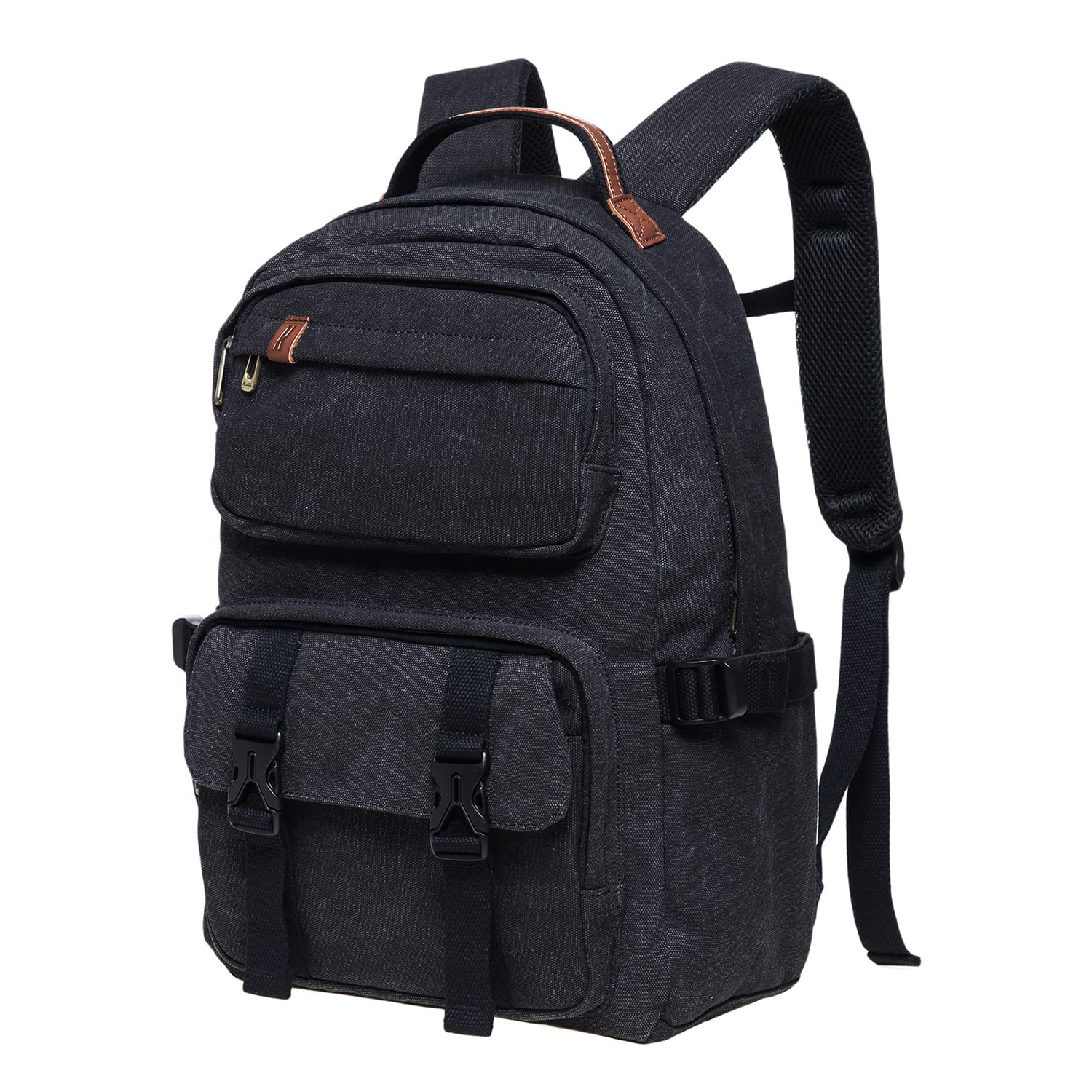 KAUKKO Vintage Casual polyster and Leather Rucksack Backpack(20-2-BLACK)