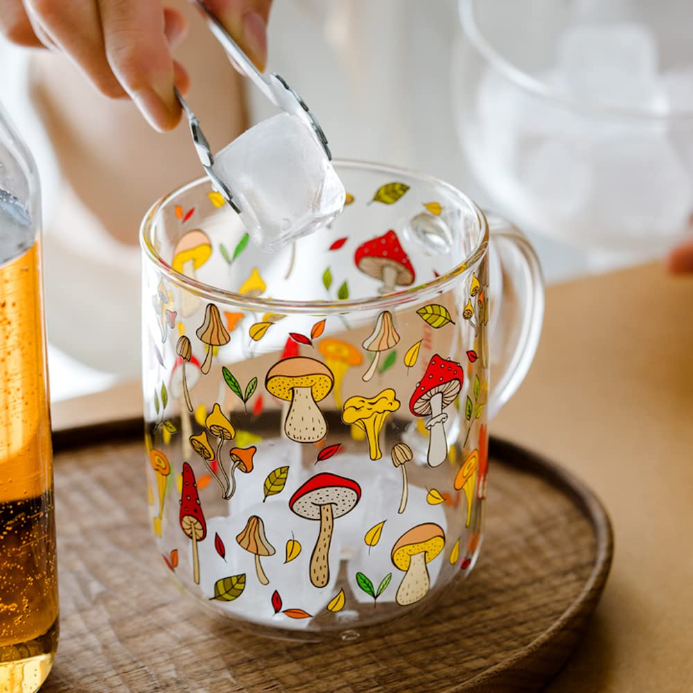Mushroom Glass Mug with Gold Spoon Aesthetic Glass Cup with Cute Mushroom Patterns Mushroom Coffee Milk Mug Tea Cup Breakfast Drinking Mushroom Stuff (with Spoon)