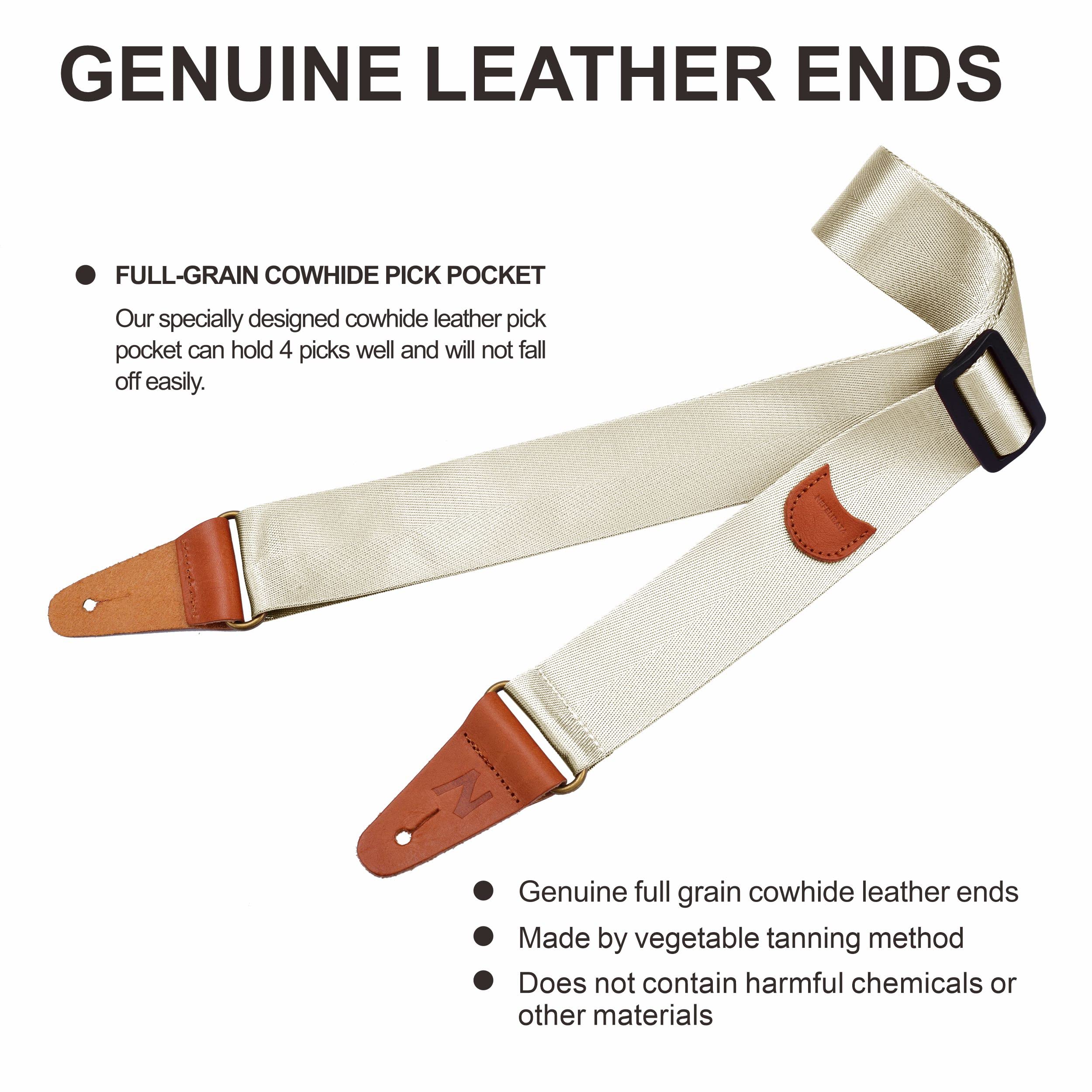 Nefelibata Guitar Strap with Pick Pocket, Vintage Nylon Full Grain Leather Ends Guitar Straps for Bass, Electric & Acoustic Guitar, with Strap Button, 1 Pair Strap Locks and 4 Guitar Picks (Beige)