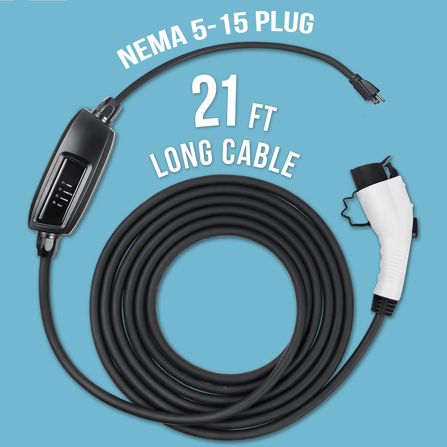 Lectron Electric Vehicle Charger 16 Amp - Level 1 EV Charger (110V) with 21ft Extension Cord & Nema 5-15 Plug Compatible with All J1772 EVs