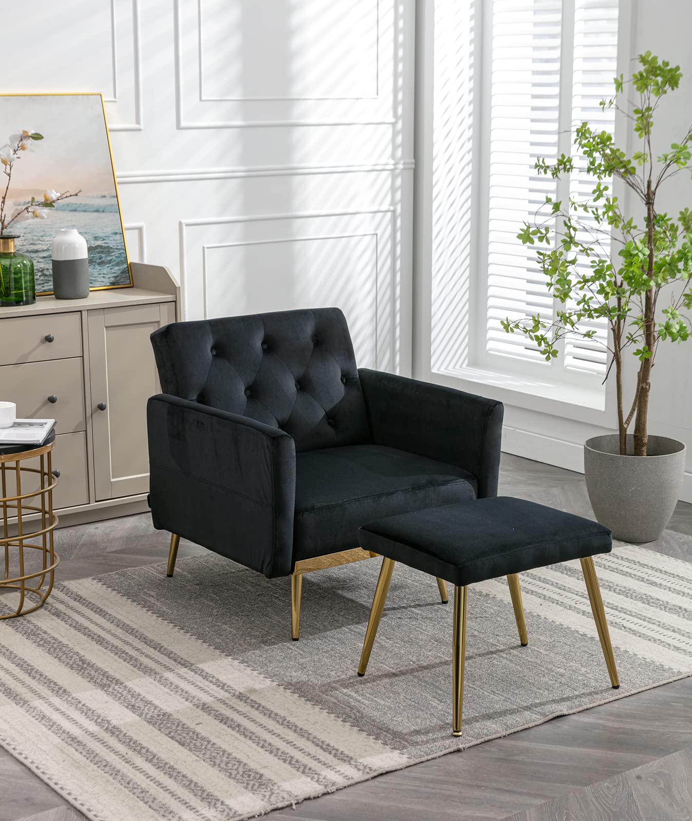 KINFFICT Velvet Accent Sofa Chair with Ottoman, Upholstered Comfy Lounge Armchair with Adjustable Armrests and Backrest, Living Room Single Recliner with Tufted Button Back, Black