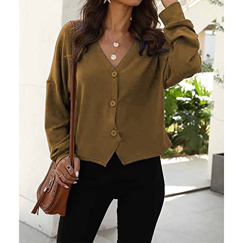Mayntop Womens Sweater Cardigan Jumper Plus Size Solid Color Plain Oversize Button-Down V-Neck Knitted Tops Loose Knitwear(A Khaki,L)