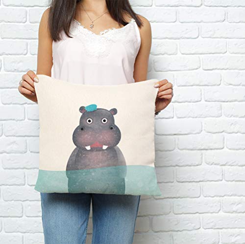 LAMANDA Throw Pillow Case, Cartoon Hippo Blue Stream Square Pillowcases Linen Cushion Covers, Grey Animal River Horse Pillow Shams for Sofa Couch Bed Car Home Decor 18x18In