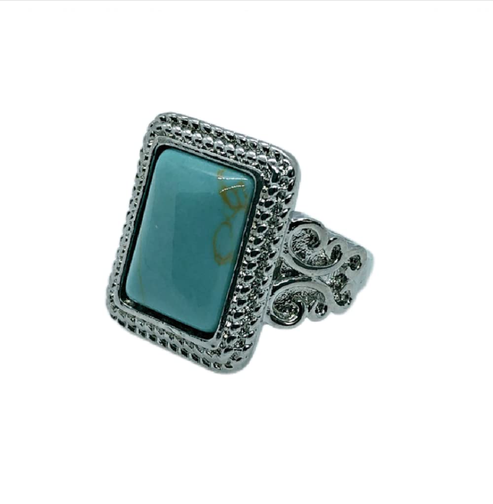 LVSHI 925 Sterling Silver Boho Chic Square Turquoise Ring Fashion Rings&Vintage Women Faux Square Turquoise Carved Flower Finger Ring Jewelry US Size 6-10 (Size 9) (C6)
