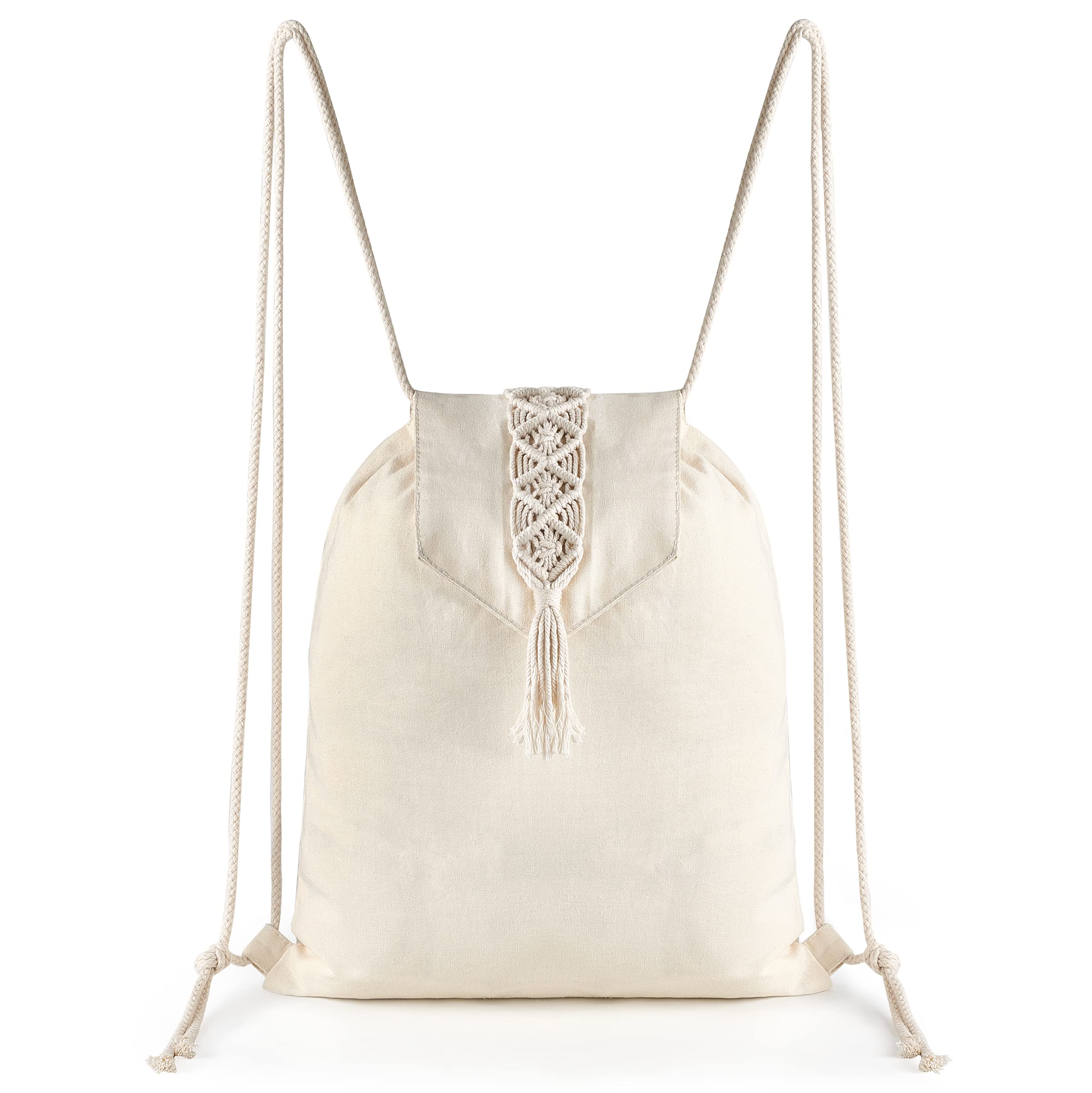 Mkono Canvas Drawstring Backpack for Women Boho Gym Bag with Macrame Tassel