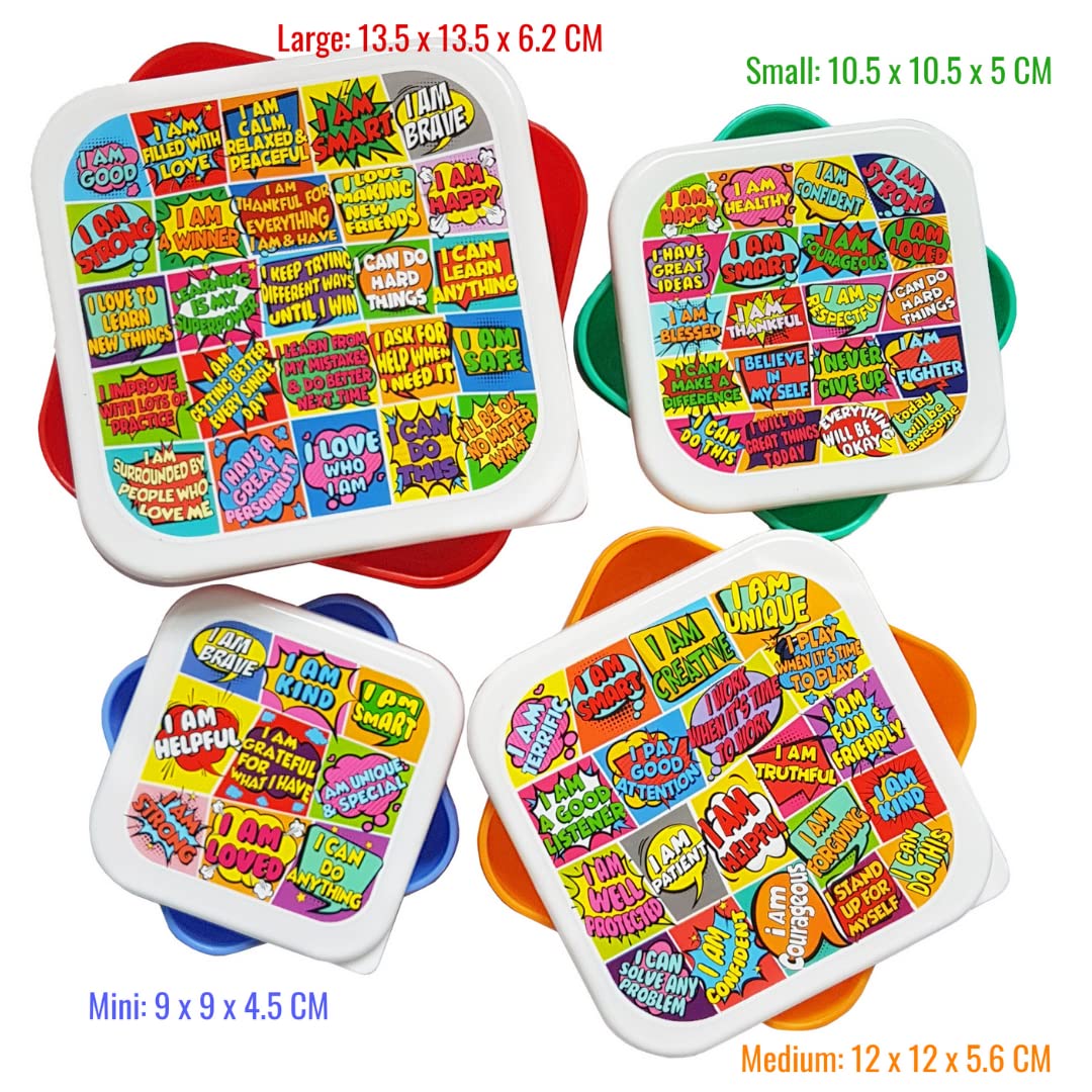 Kids Lunch Box Set, Snack Box, BPA Free Plastic Storage Boxes, Kids Snack Pots, Kids Lunch Box, Great for Picnics, Meal Prep, Mindfulness, Positive Affirmations (Set of 4)