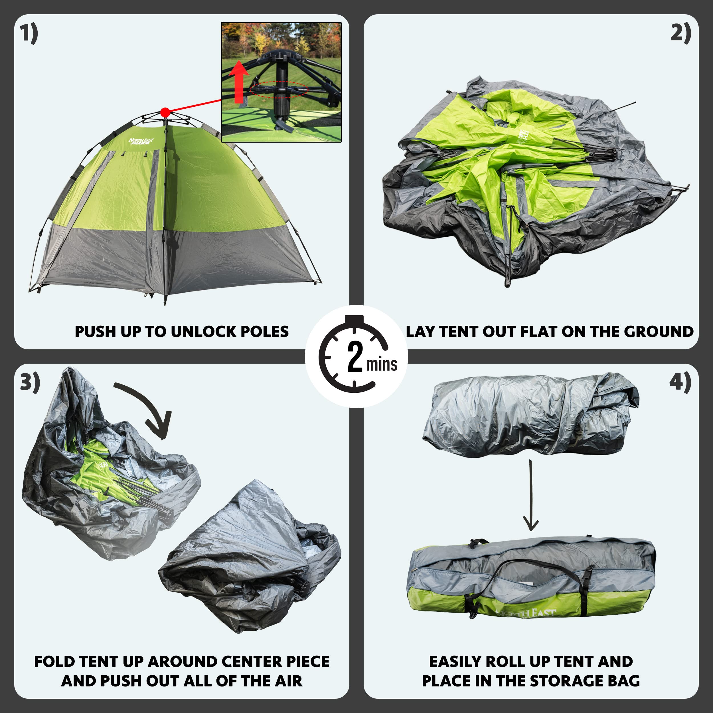 NEH 5-Person Camping Tent Instant Setup Waterproof Double Layered Material, Green, 8.9'L x 8.9'W x 5.25'H, Portable Carry Bag Included