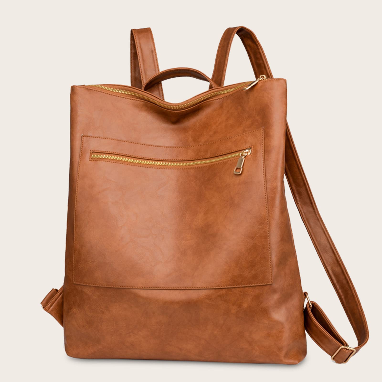 QTKJ Leather Backpack, Large Leather Purse, Vegan Leather Handbag, with Adjustable Shoulder Strap, Tote Bag for Women Travel, Work, Vacation, Khaki