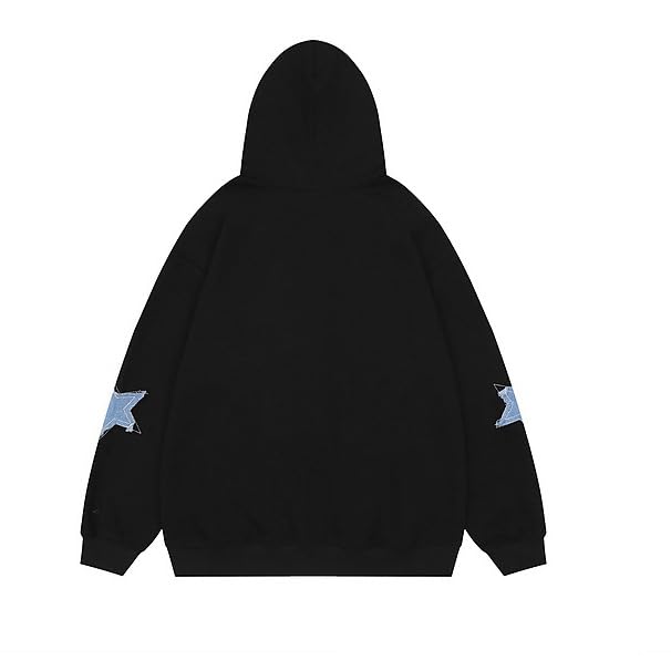 Y2K Hoodie Zip Up Star Jackets Grunge Gothic Graphic Sweatshirt Acubi Emo Hooded Pullover Tops Harajuku Clothes (Black,L)