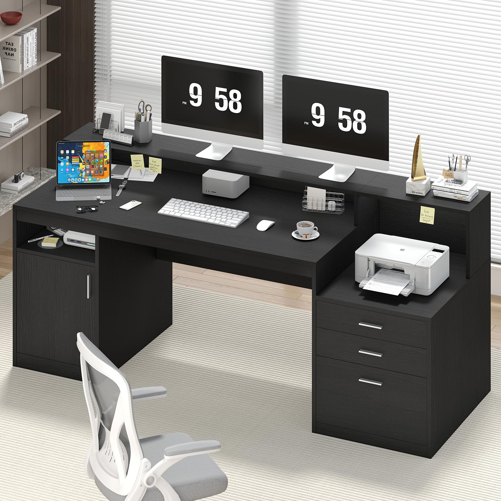 TVU 65" Computer Desk with 3 Drawers & Printer Stand, Office Desk with Monitor Stand & Storage Cabinet, Gaming Desk with Storage Shelf & Large Desktop, White Writing Desk for Home Office