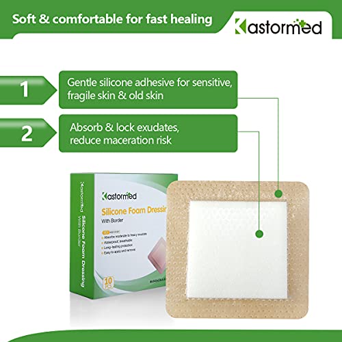 kastormed Silicone Adhesive Foam Dressing with Gentle Border 4''x4'' 10 Pack, High Absorbency Foam Wound Bandage for Bed Sore, Leg Ulcer, Diabetic Ulcer