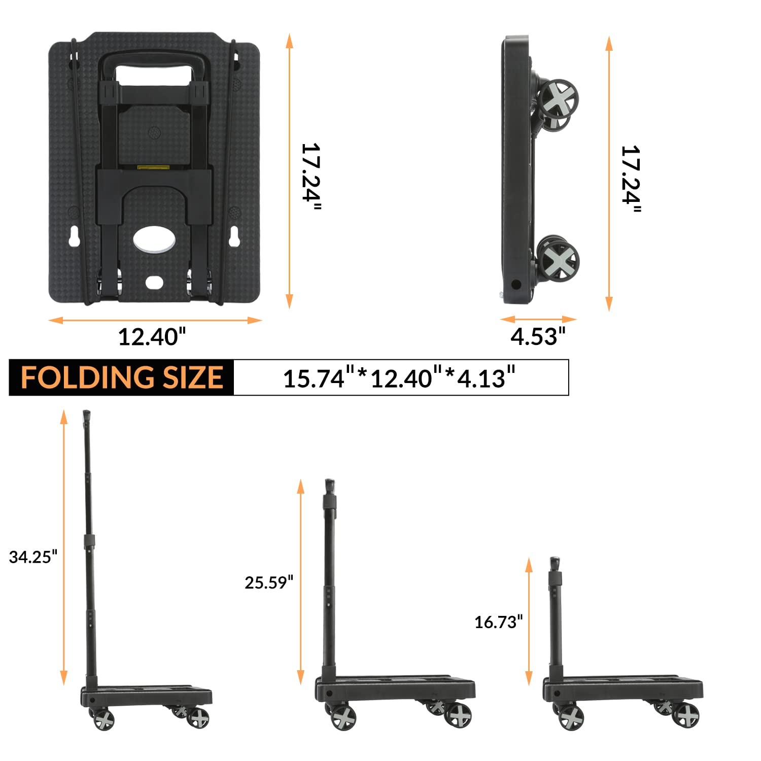 Poofzy Portable Folding Hand Truck Dolly Cart 110 Ibs Load with 4 Rotate Silent Wheels, 90° Fixed & Telescopic Collapsible Handle for Luggage Travel Moving