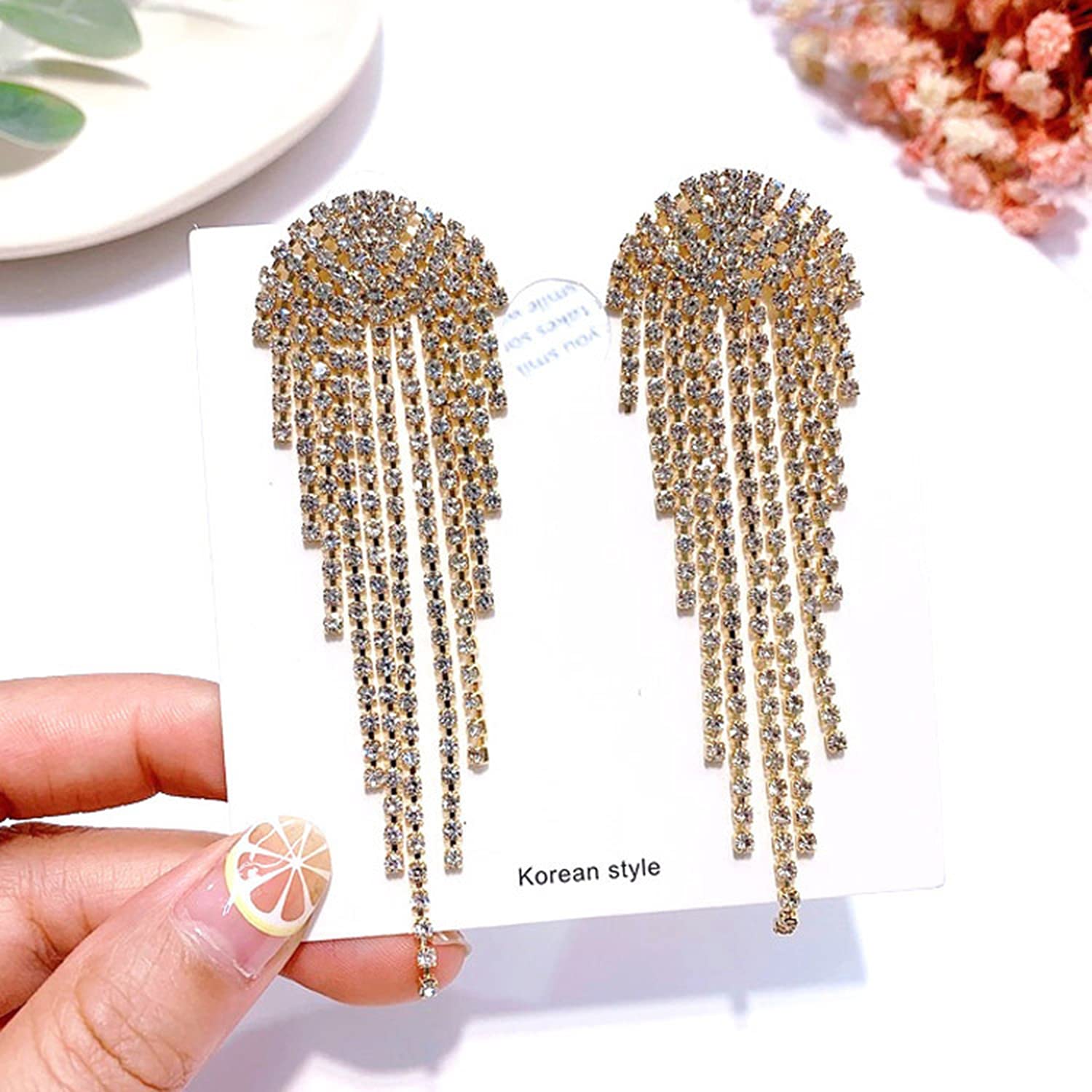 Luxury Women's Long Fringe Sparkling Crystal Drop Earrings Glossy Rhinestone Dangle Earrings Bridal Wedding Party Jewelry (Sparkling Crystal Drop Earrings-Gold)