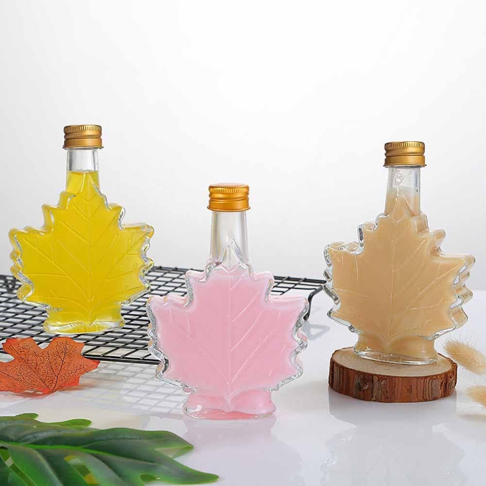 ZHOSXRC Glass Maple Syrup Bottles Jars,Glass Syrup Dispenser Bottle,Reusable Leaf Shaped, Food Grade Canning Bottles,Empty Glass Syrup Bottles with Lids for Homemade Drinks (250ml)