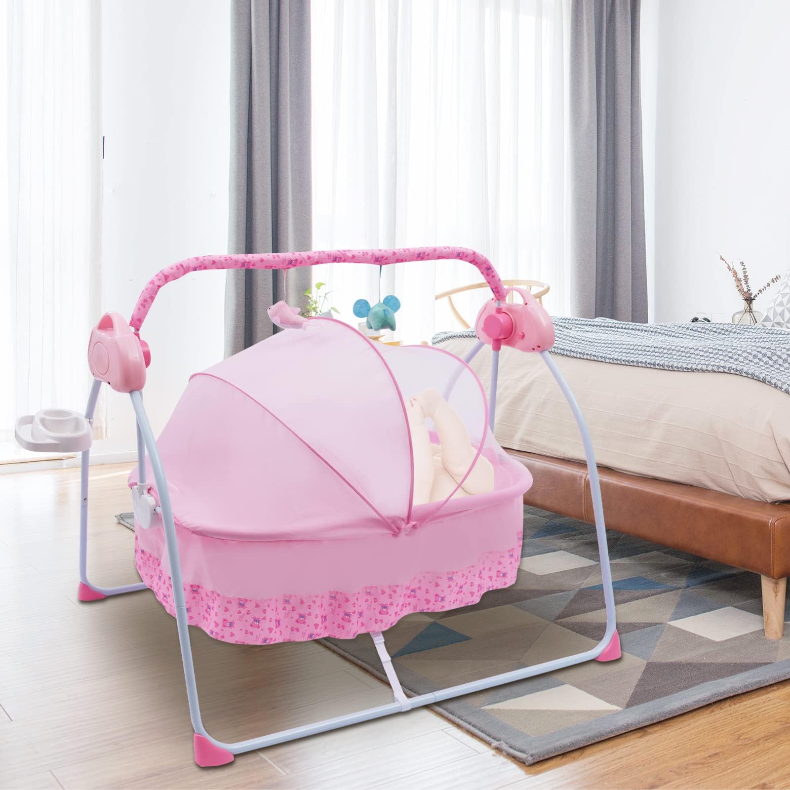 TFCFL Electric Baby Crib Cradle, 0-18 MonthsInfant Bed Auto Swing with Remote Control & Music, 25KG/55LBS Capacity, Foldable Baby Bassinet, Pink