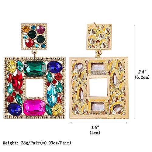 Mlouye Square Rhinestone Dangle Earrings For Women, Sparkly Crystal Geometric Drop Statement Chandelier Earrings Gold Tone Multicolor