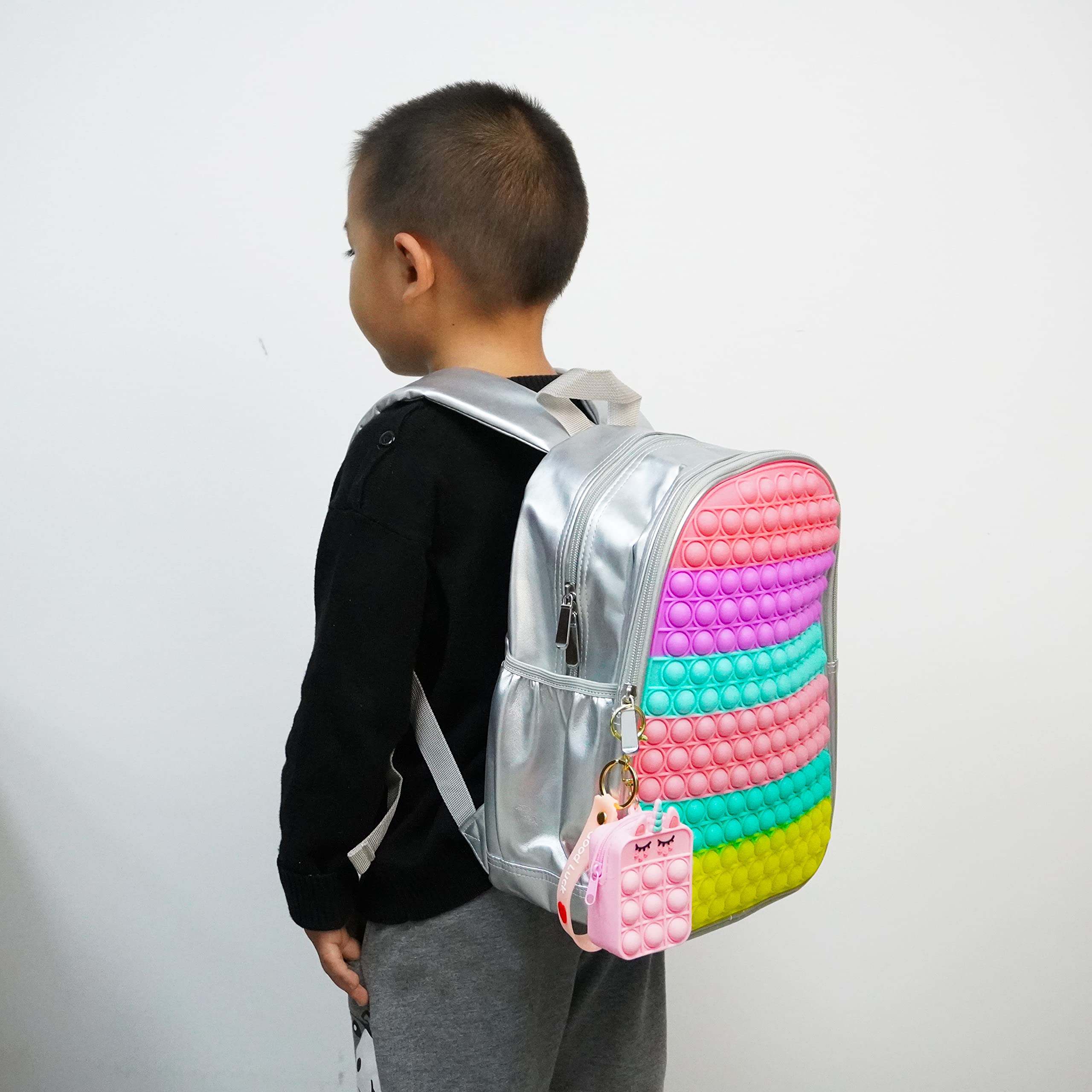 ReignSword Pop it Backpack for Boys & Girls with Pop it Purse, Mini Toddler Backpack, Small Fidget Toys Pop Purse for Kids Gift, Macaroon Silver, 12(L) x 4.5(W) x 16(H) inches