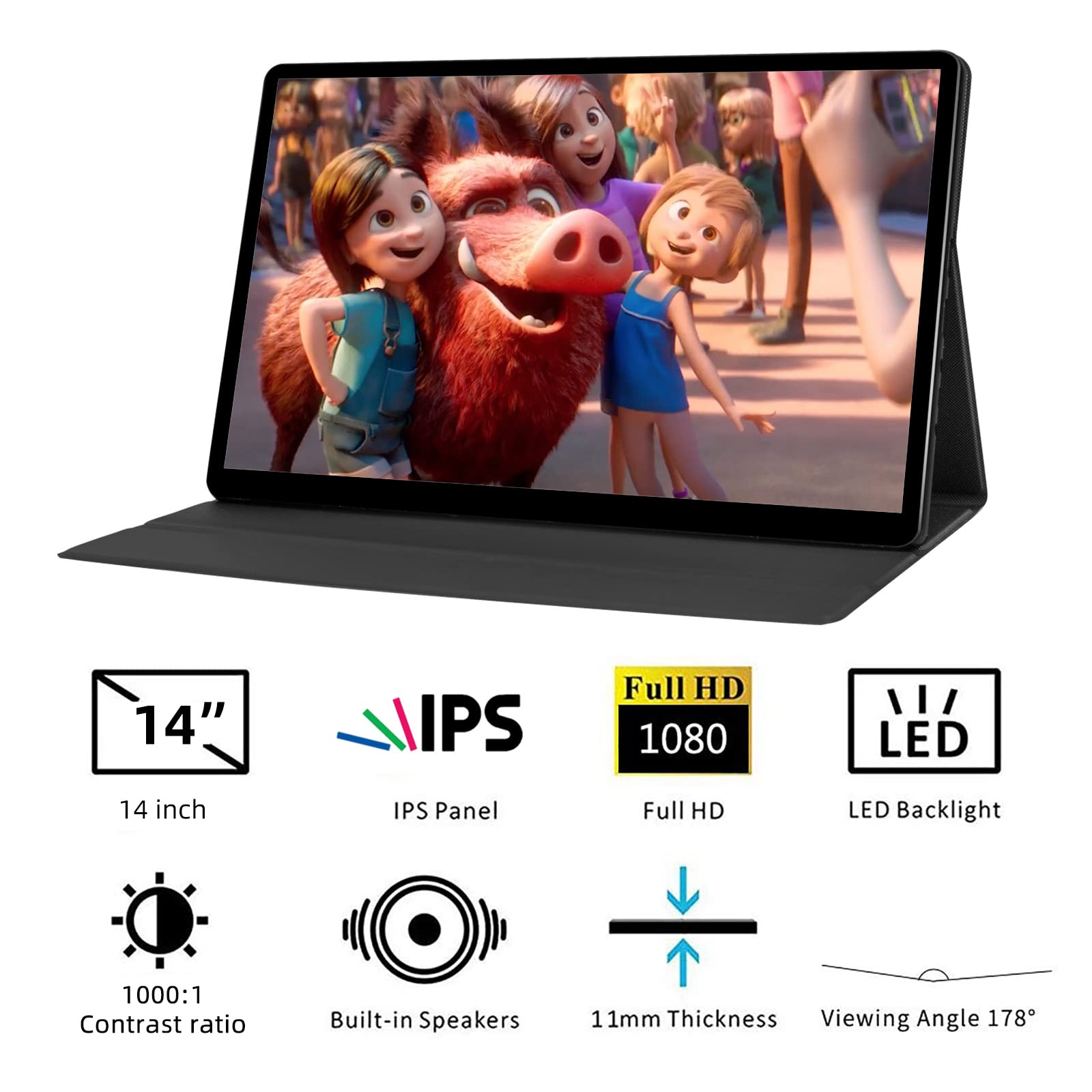 Thinlerain Portable Monitor for Laptop 14 Inch Full HD 1080P 1920 × 1080 Resolution, HDMI Computer Display IPS with 2×HDMI 1×Micro USB Speakers for Laptop PC PS4 Xbox Phone