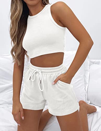 ZESICA Women's Waffle Knit Sleeveless Crop Top and Shorts Pullover Nightwear Lounge Pajama Set with Pockets,CropWhite,Small