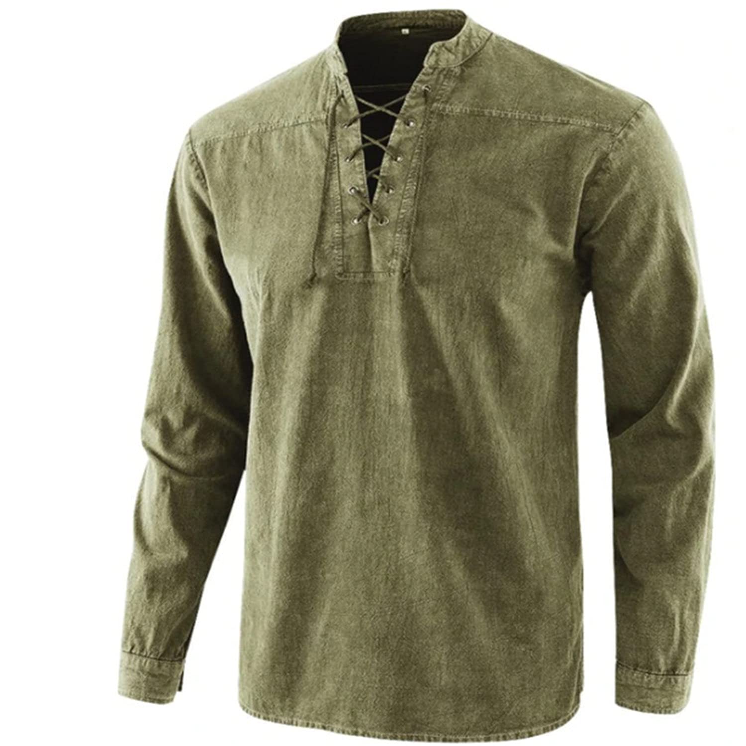 Men's Long Sleeve Hippie Shirts Casual V Neck Yoga Beach Top Retro Slim Comfy Drawstring Lace Up Summer Tops (Light Green,Medium)