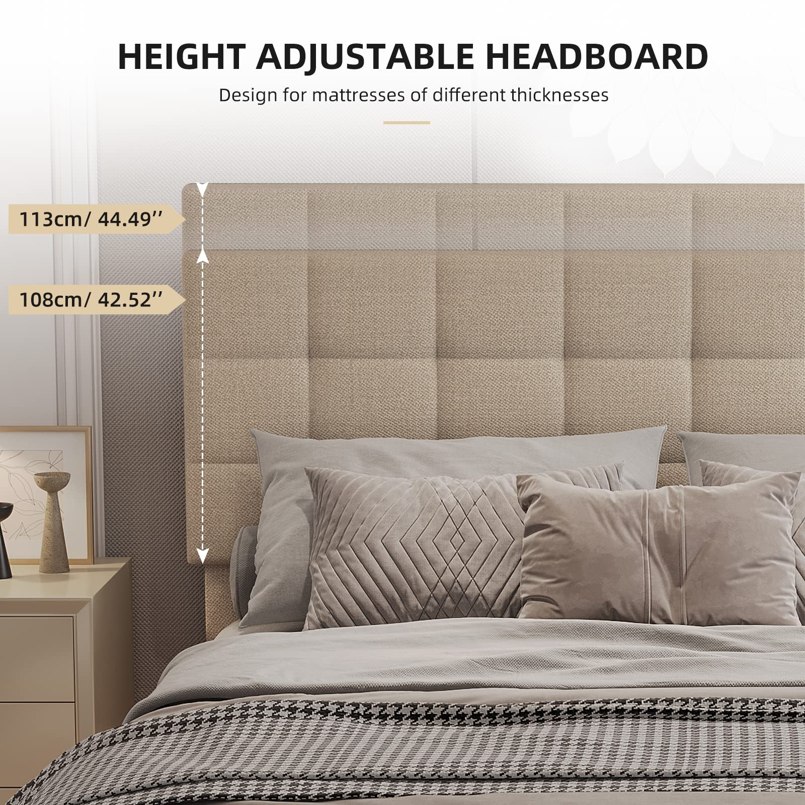 Kelfluxion Queen Size Upholstered Platform Bed Linen Bed Frame with Lights Square Stitched Adjustable Headboard Strong Bed Slats System No Box Spring Needed (Beige)