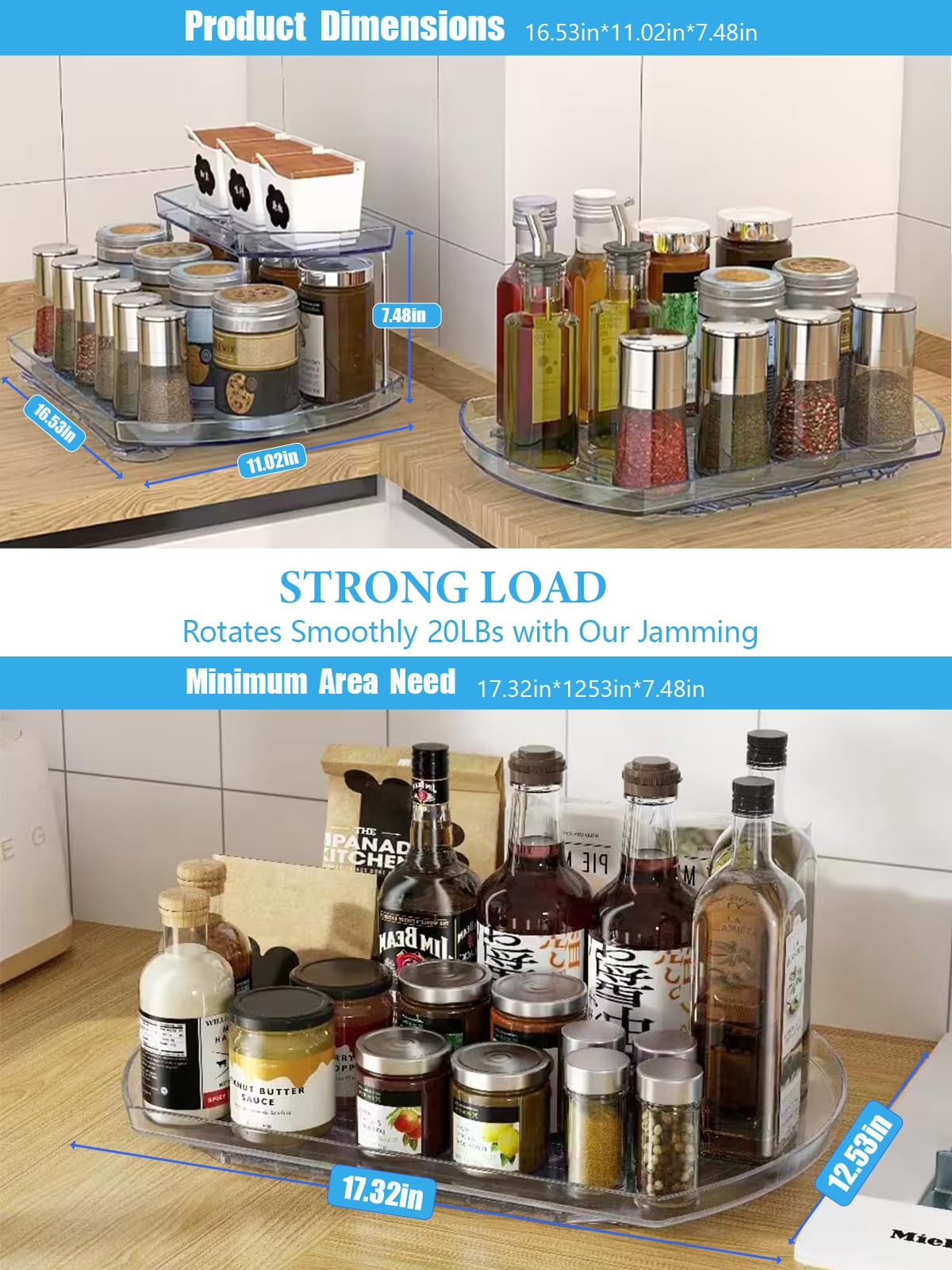 Lazy Susan Turntable Organizer for Refrigerator 2 Tier, Large 16.53'' Clear Rectangular Fridge Organizer Storage, Square Lazy Susan for Cabinet, Table, Pantry, Kitchen, Countertop
