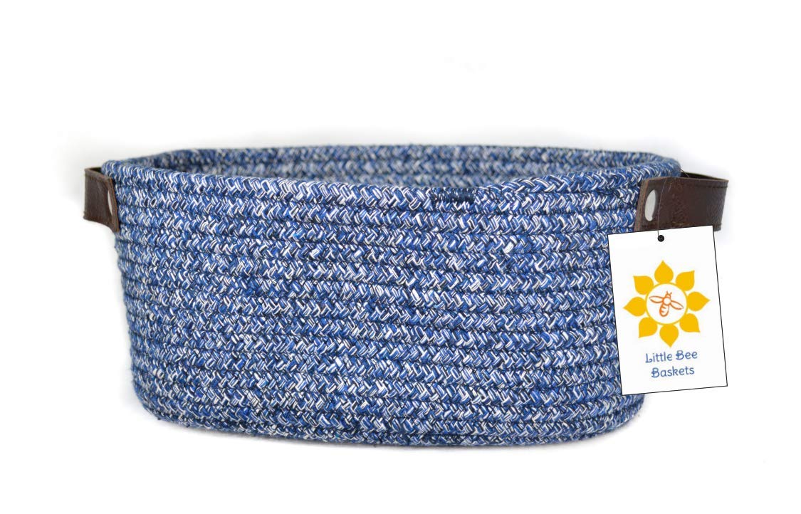 Little Bee Baskets | Small Woven Cotton Basket | Cute Rope Storage Basket for Organization | Small Storage Bin with Leather Handles | Gift Basket | (Blue)