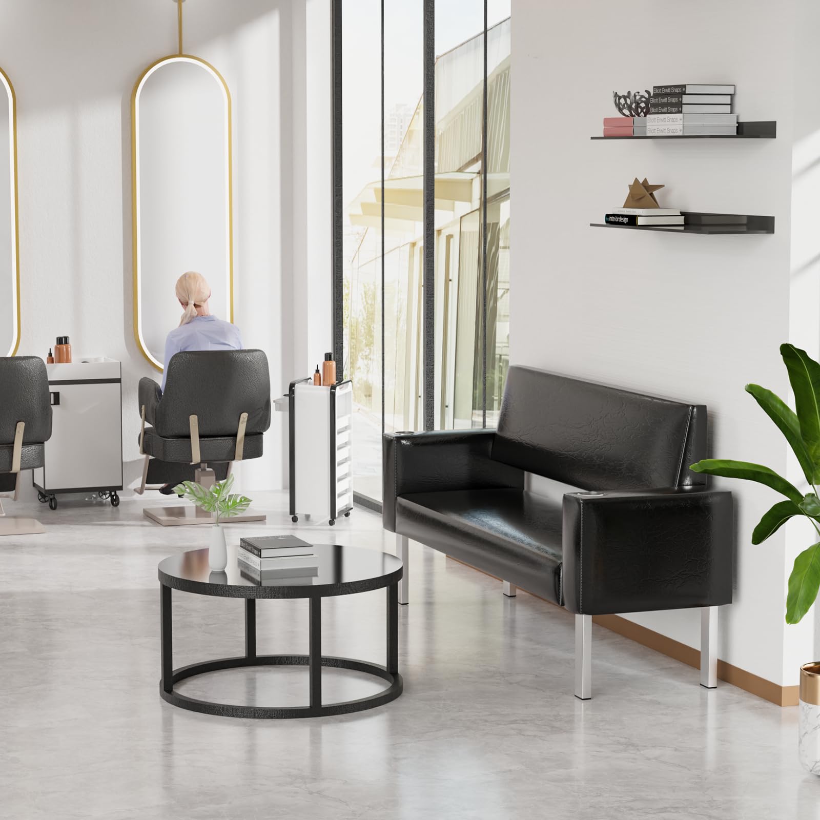 LEADZM Waiting Room Bench Seating, Salon Reception Office Chairs, Heavy Duty Guest Lobby Chairs with 2 Cup Holder,Leather Settee with Backrest & Armrest, Beauty Barber Furniture, Black