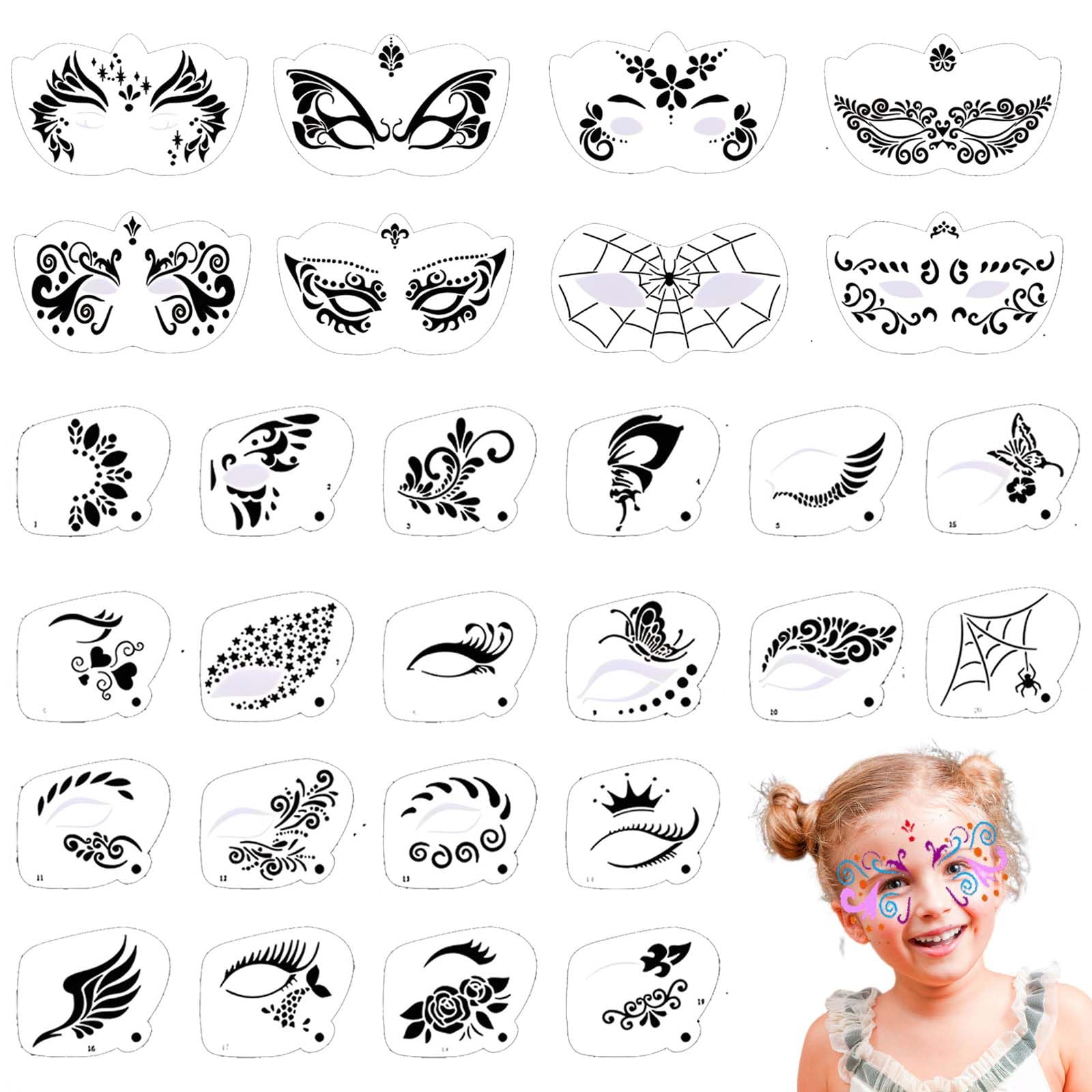 Twpribarn 28 Pcs Face Paint Stencils Kits Face Painting Stencils Reusable Face Tattoo Painting Templates Body Makeup Painting Templates for Kids Face Painting Holiday Halloween Tattoo Stencils (Mix01)
