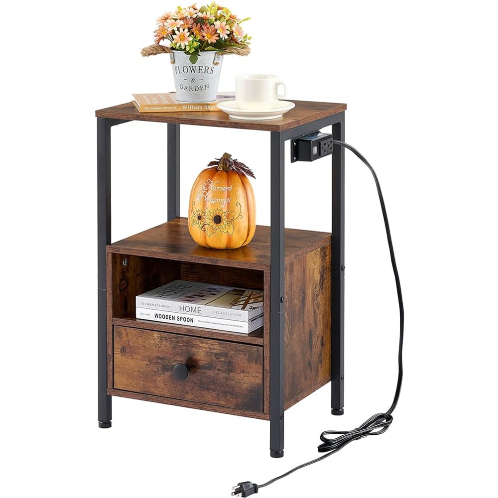 Hoctieon Nightstand with Charging Station, Night Stand with Drawers and Open Storage Shelf, End Table with USB Ports and Outlets, Bedside Table for Small Spaces, Rustic Brown