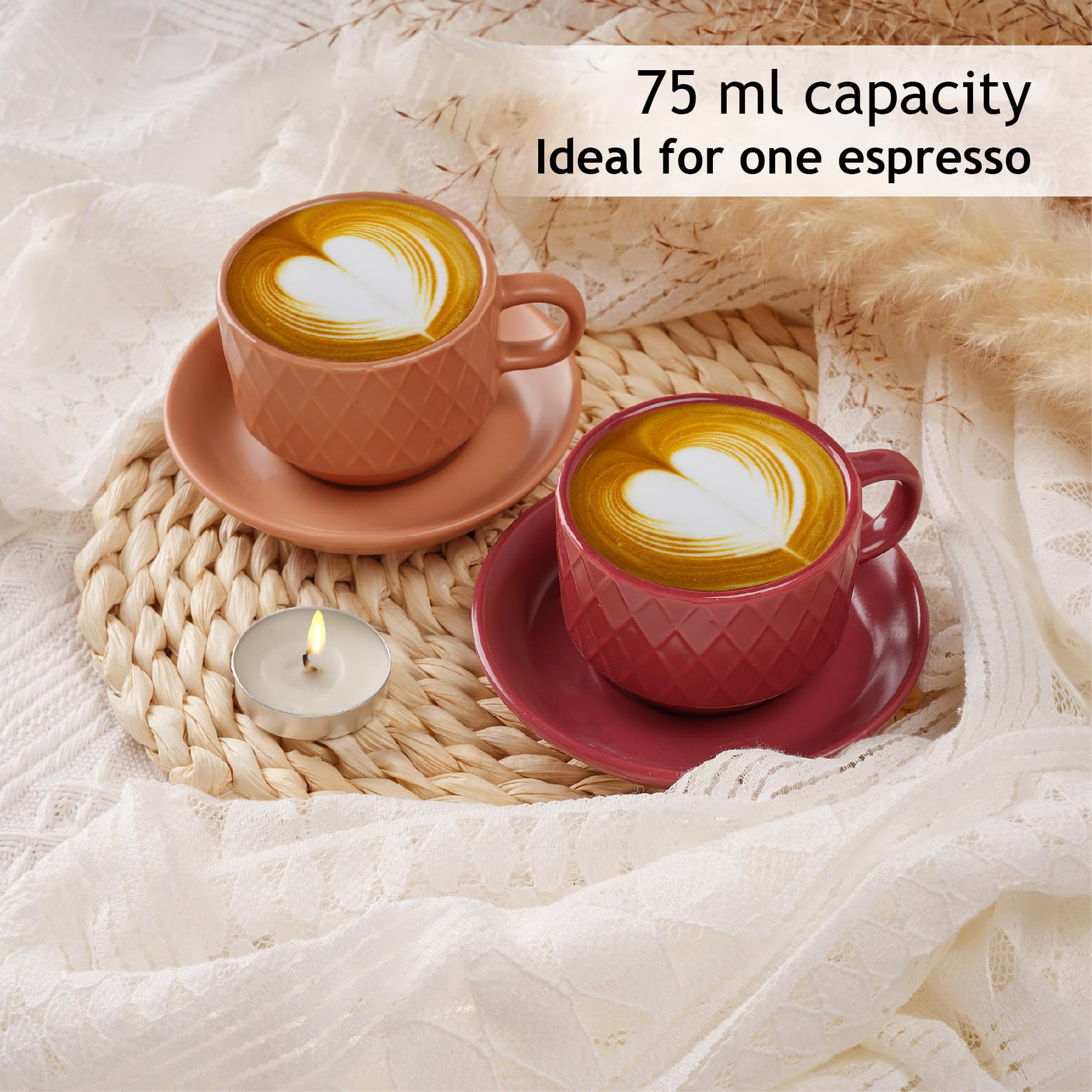 MIAMIO - 6 x 2.5 oz Stoneware Espresso Mug, Cup Set Modern with Stand and Saucers - Palmanova Collection (Magma Red)