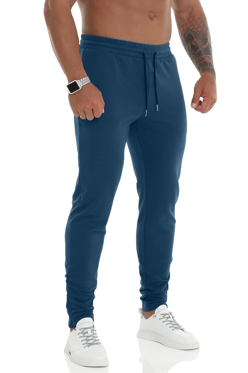Ouber Men's Athletic Gym Workout Pants Running Tapered Joggers Sweatpants with Zipper Bottom Blue,S