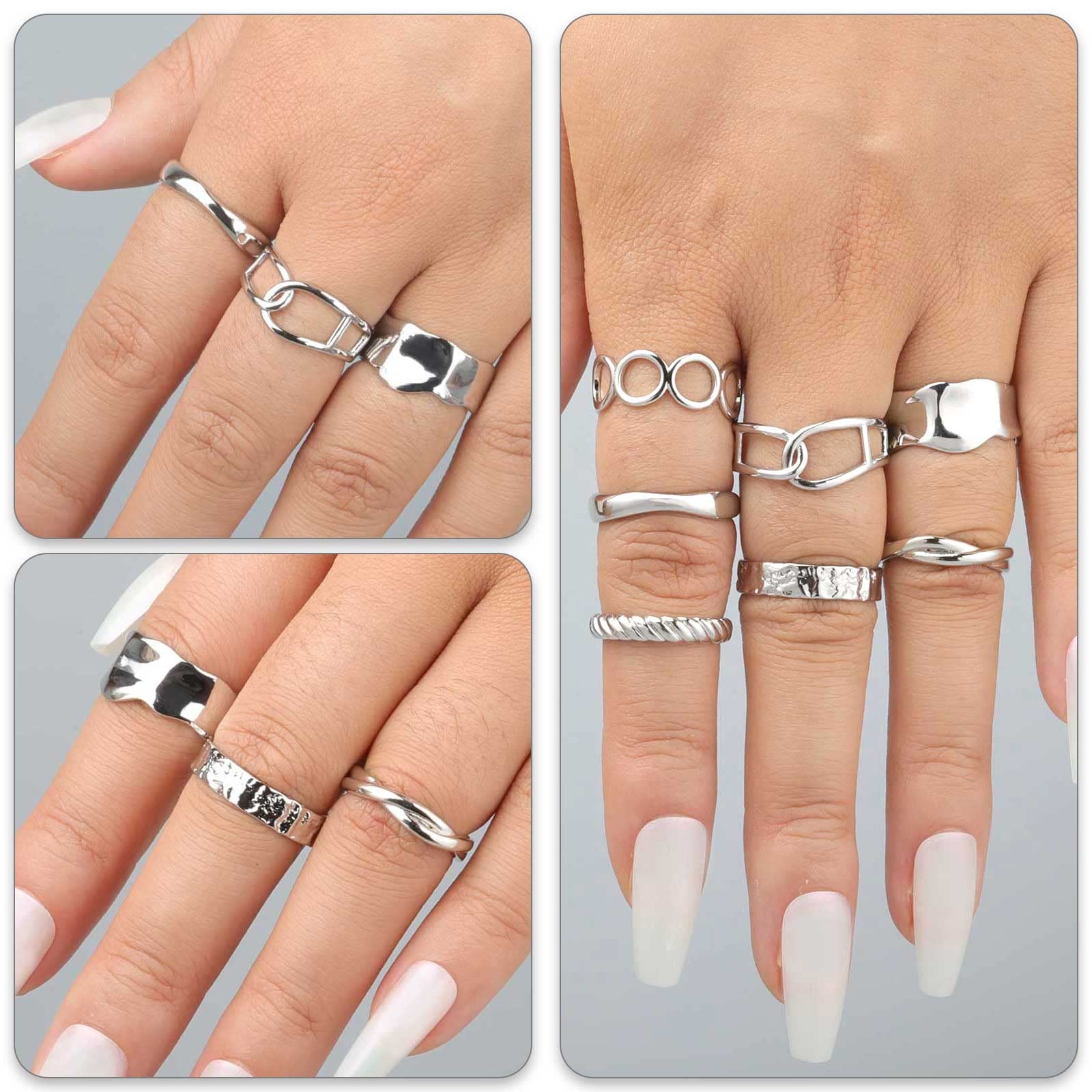 Landorilo 7PCS 18K White Gold Plated Rings Set Chunky Twisted Round Adjustable Open Rings Stackable Silver Rings for Women