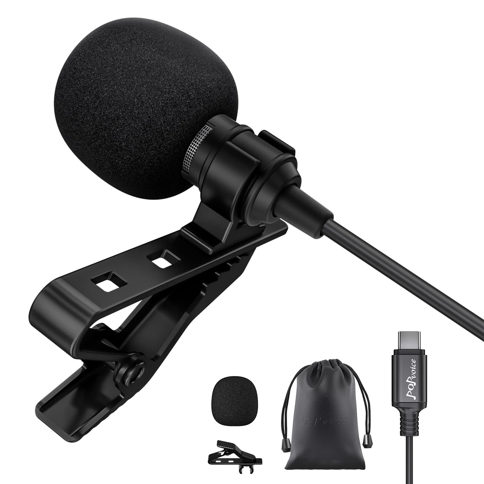 PoP Voice Upgraded USB C Lavalier Microphone for Android Phone, Professional Omnidirectional Condenser Clip-on Mic for Vlogging/Live Streaming/Interview, Wired Lapel Mic Plug & Play 6.6ft