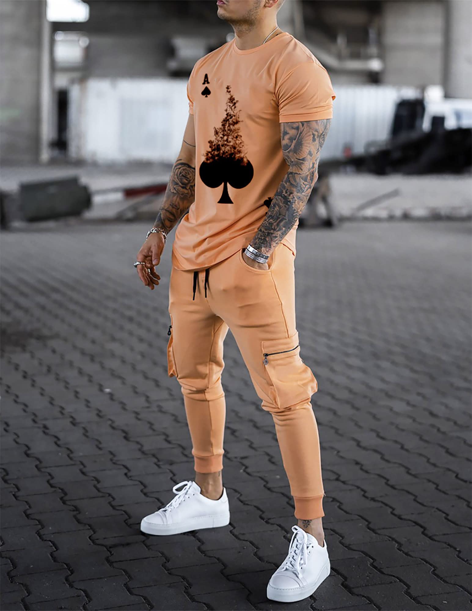 Men's Tracksuits 2 Piece Outfit Casual Short Sleeve Sweat Suit Running, Exercise (Orange, L) …