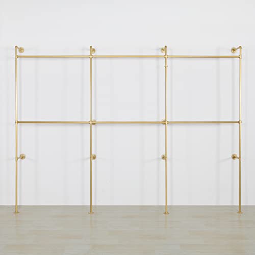 ZGZR Wall Mounted Industrial Pipe Clothing Garment Racks, Metal Clothing Store Display Stands Clothes Rack Multi-purpose Heavy Duty Hanging Rod for Closet Storage, 134in Gold
