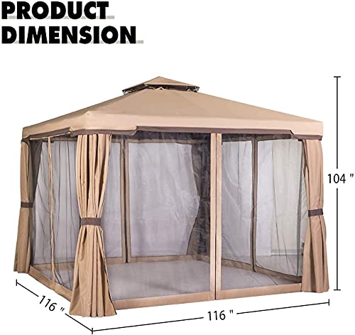 Skiway 10'x 10' Patio Gazebo Canopy Outdoor Tent Shelter with Double Square Tops, Shade Curtains and Mosquito Netting -Brown, Front Porch