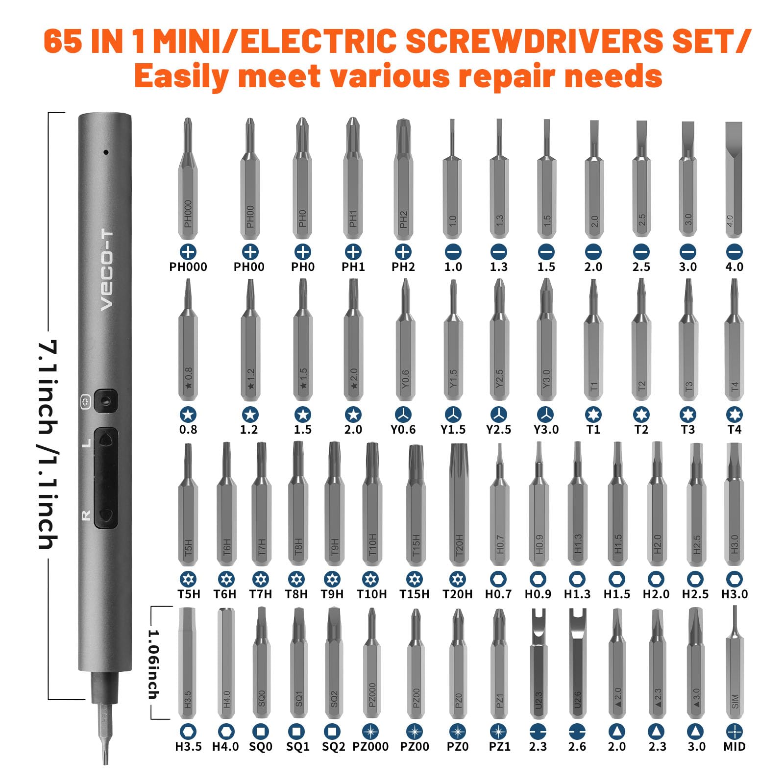 VECO-T Mini Electric Screwdriver,65-in-1 Precision Screwdriver Set with 54 Magnetic Bits,USB-C Rechargeable Repair Tool Kit for Repairing Watch Glasses Phone Camera Laptop