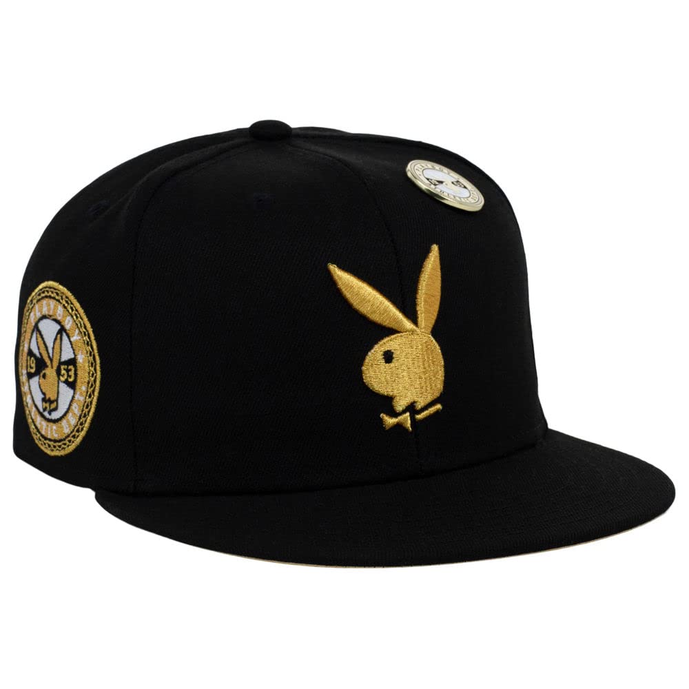 Playboy Gold Rush Script Fitted Flat Bill Cap (blk/gl, 7 3/8)