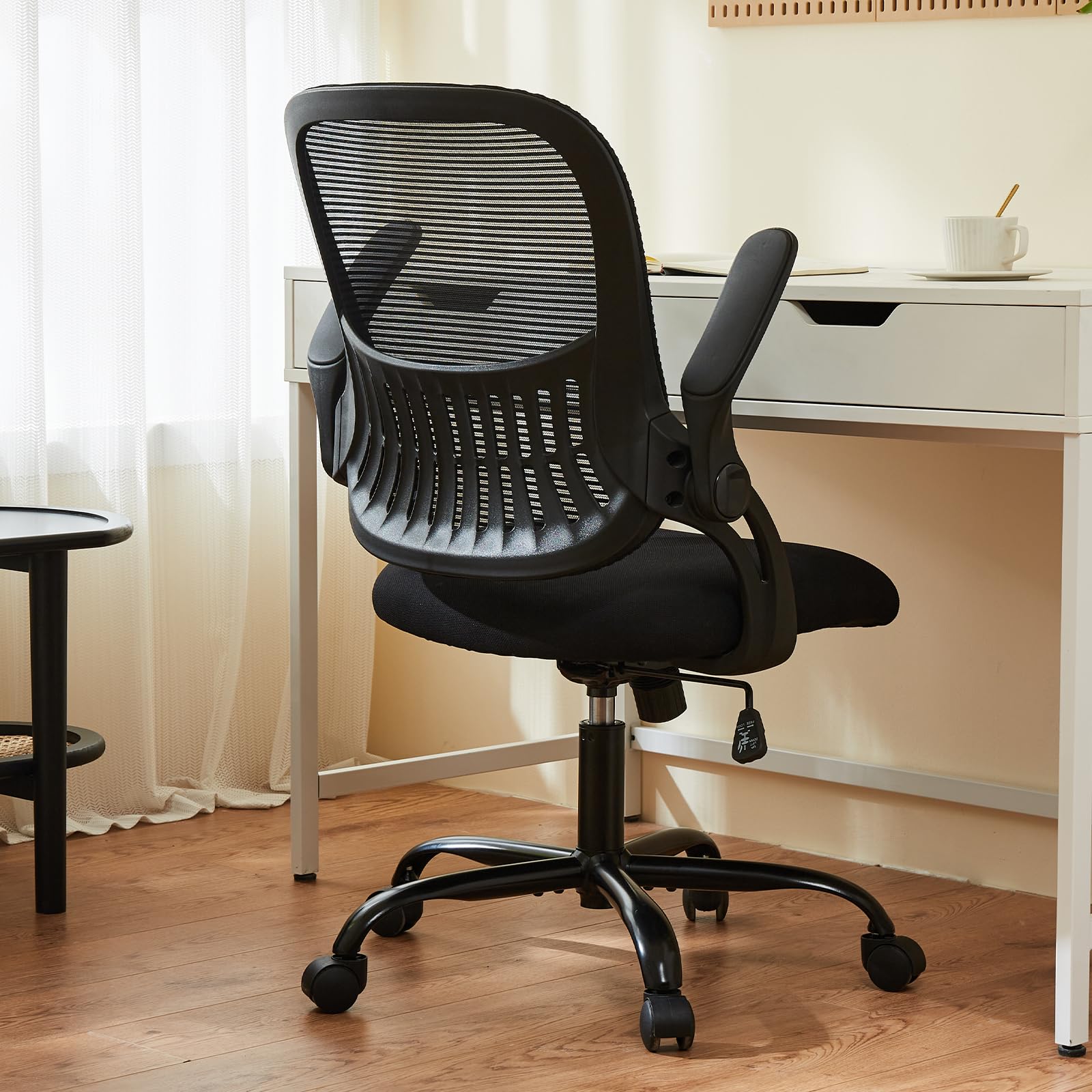 JHK Office Desk Computer Flip-up Armrests, Adjustable Height Mid Back Lumbar Support Padded Seat, Ergonomic Home 360° Swivel Rolling Rocking Mode Breathable Mesh Modern Executive Chair, Dark Black