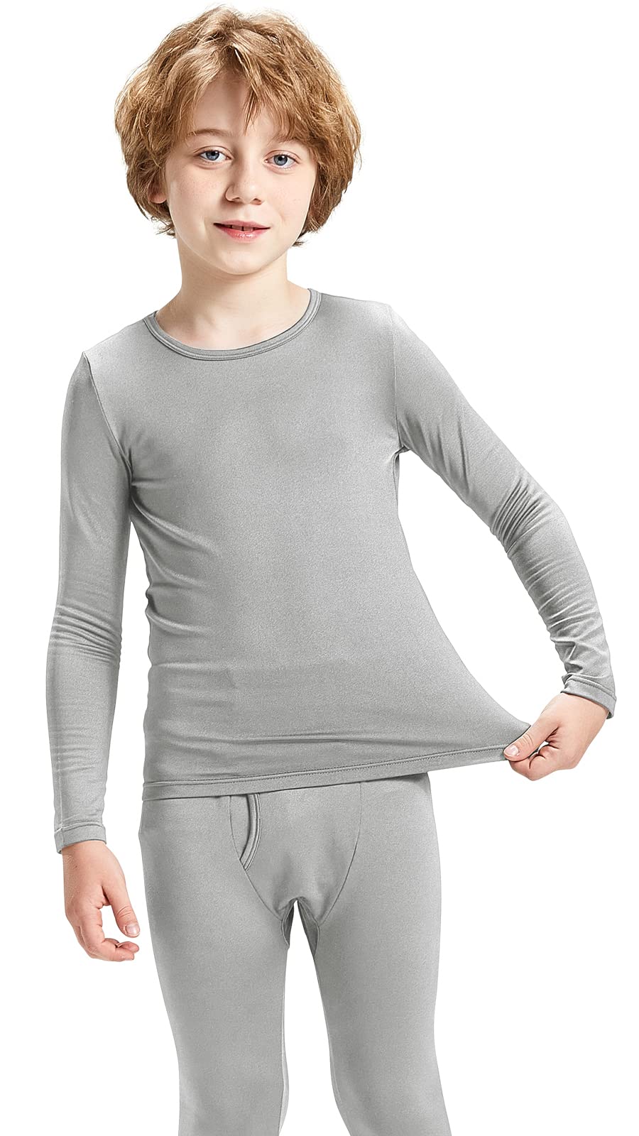 MRIGNT Thermal Underwear for Boys, Thermal Long Johns Set with Shirt & Pants, Fleece Lined Base Layer/Leggings/Bottoms Ski/Cooler Weather Light Grey
