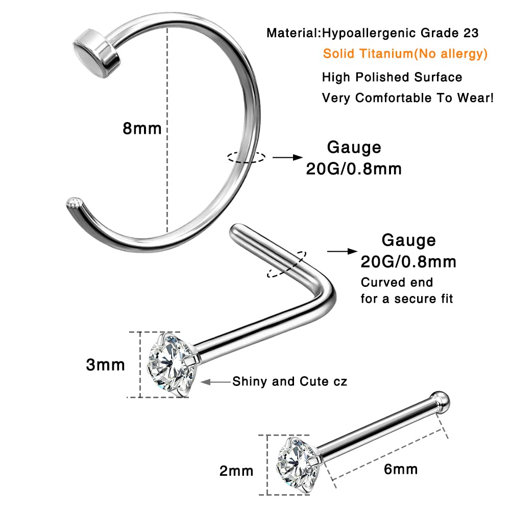 OUFER 20g Nose Ring Hoop, 3PCS Grade 23 Solid Titanium Nose Rings, Clear CZ Nose Stud, L Shaped Nose Piercing Jewelry