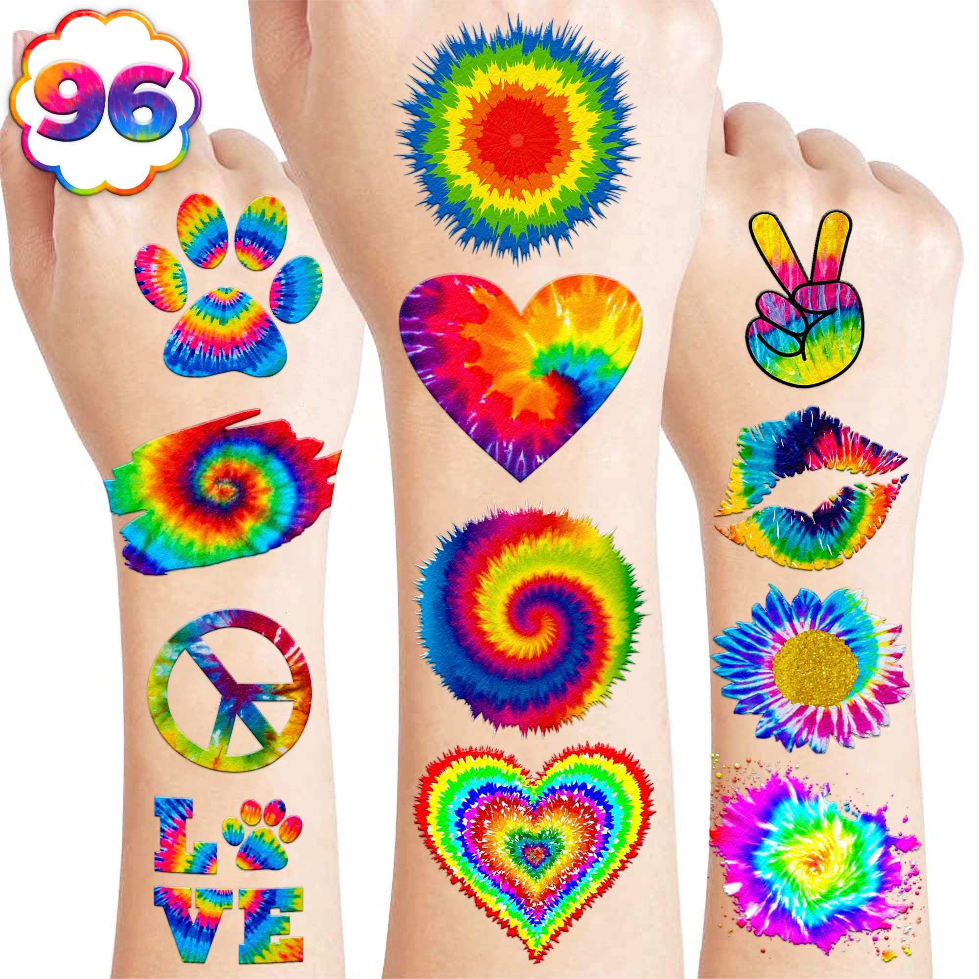 Tie dye Temporary Tattoos Birthday Themed Party Supplies Decorations Favors 8 Sheets 96PCS Colorful Decor Cute Stickers Tattoo for Class School Prizes Gift for Kids Boys Girls Carnival Rewards
