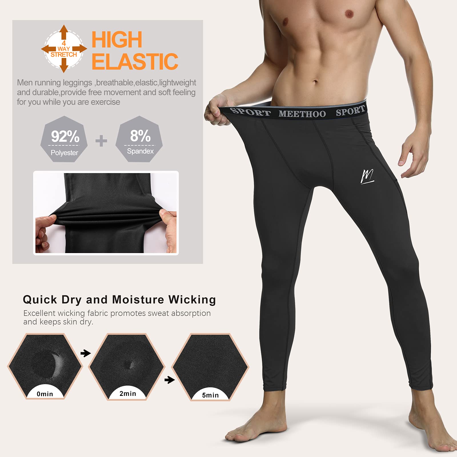MEETWEE Thermal Pants for Men, Winter Ski Base Layer Long Johns Compression Tights Cold Weather Leggings for Heat Retention Black Blue Large