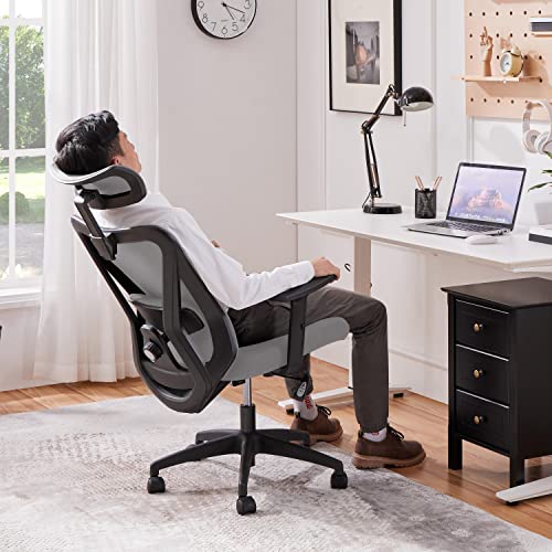 Yaheetech Office Chair Ergonomic Computer Desk Chair with Adjustable Lumbar Support Armrest and Headrest, Swivel Working Study Chair for Home Office, Light Grey